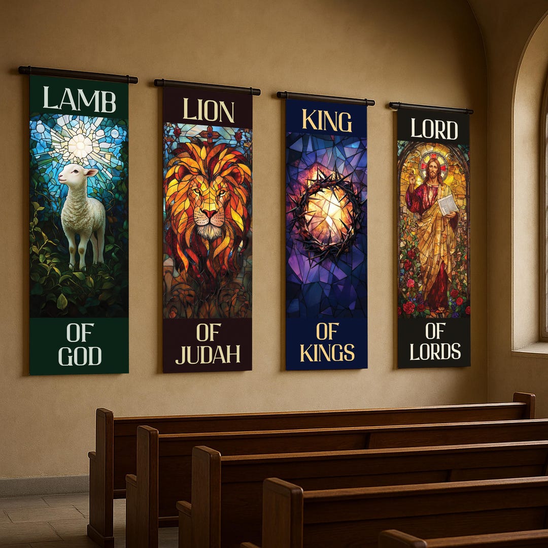 Set of 4 Christian Catholic Banners - Jesus, Cross, Lamb, Crown ...