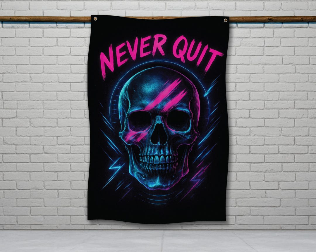 Never Quit Gym Flag, Skull Motivational Art, Home Gym Decor ...