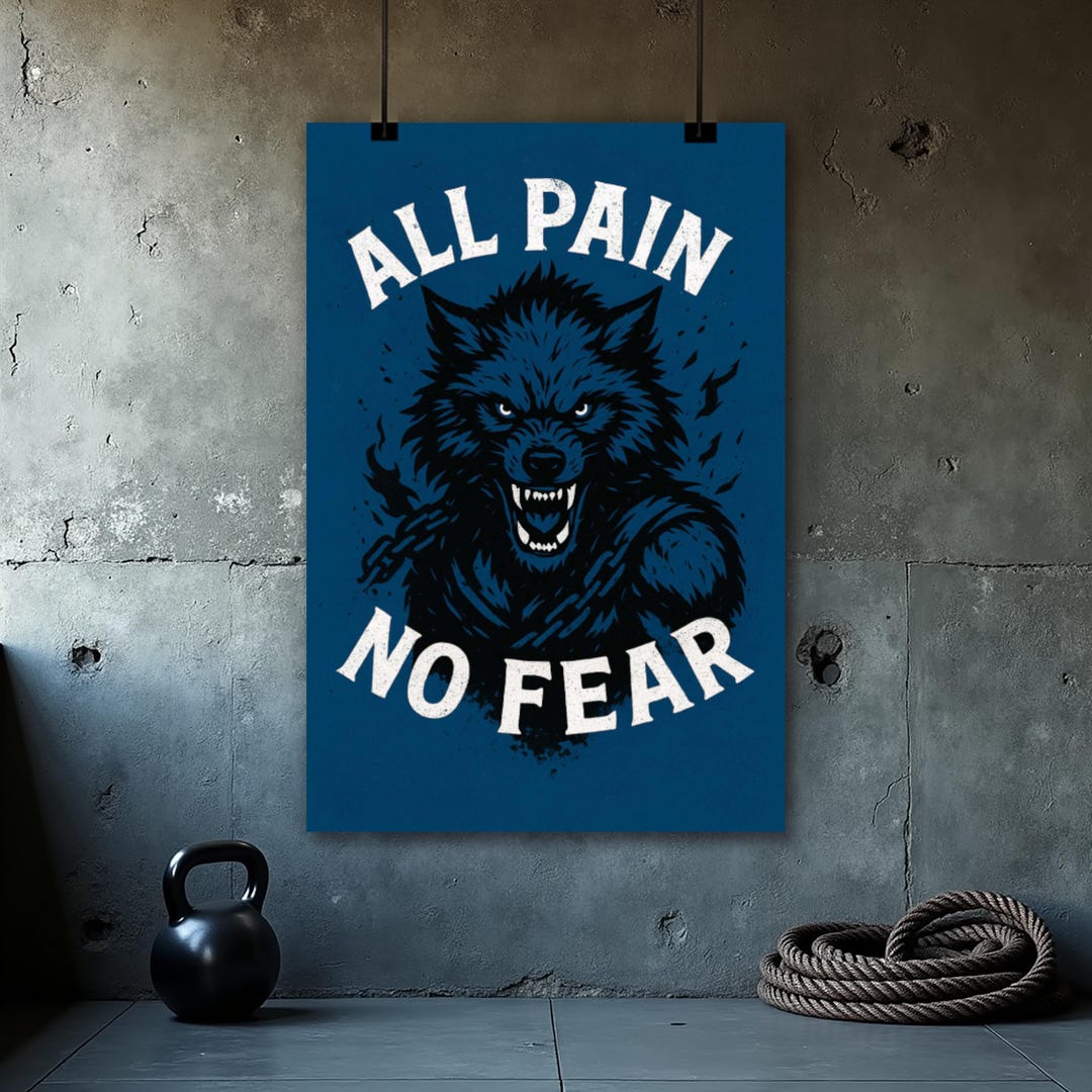 All Pain No Fear Werewolf Poster, Motivational Wolf Art, Dark Blue Wolf ...