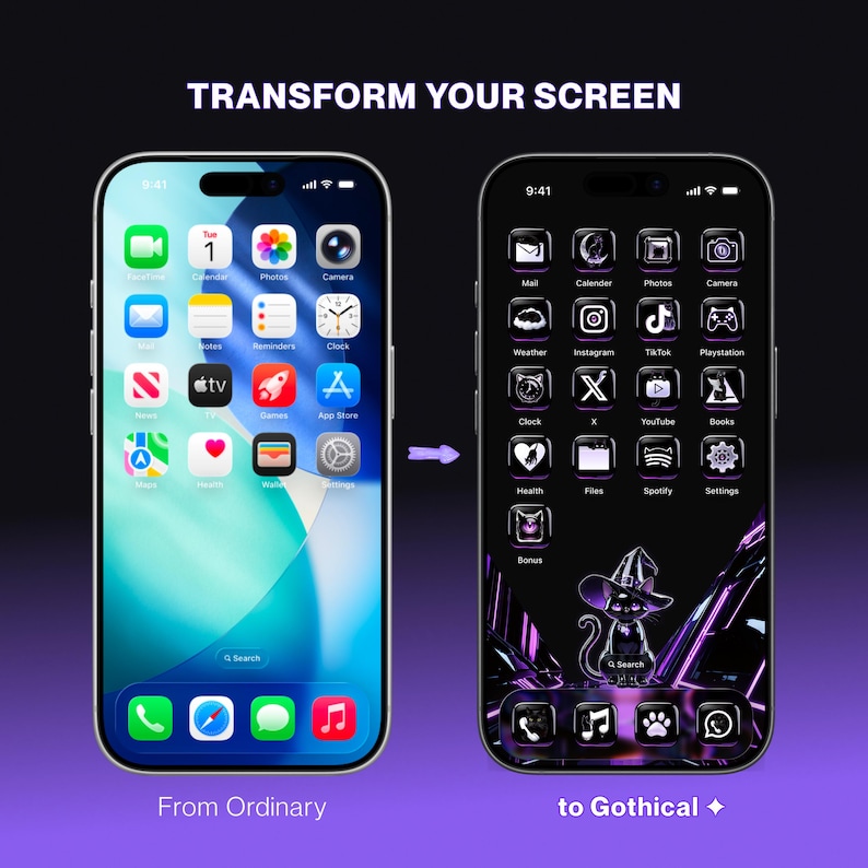 300 Gothic Cat App Icons | Black Liquid Glass Theme (ios/android ...