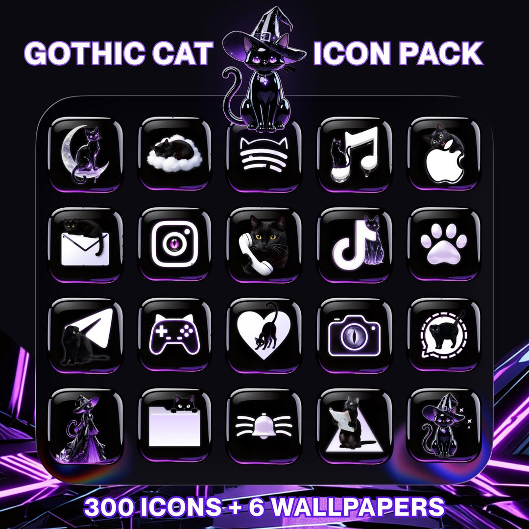 Gothic Cat App Icon Pack | 300 Liquid Glass Icons (ios/android) | 6 ...