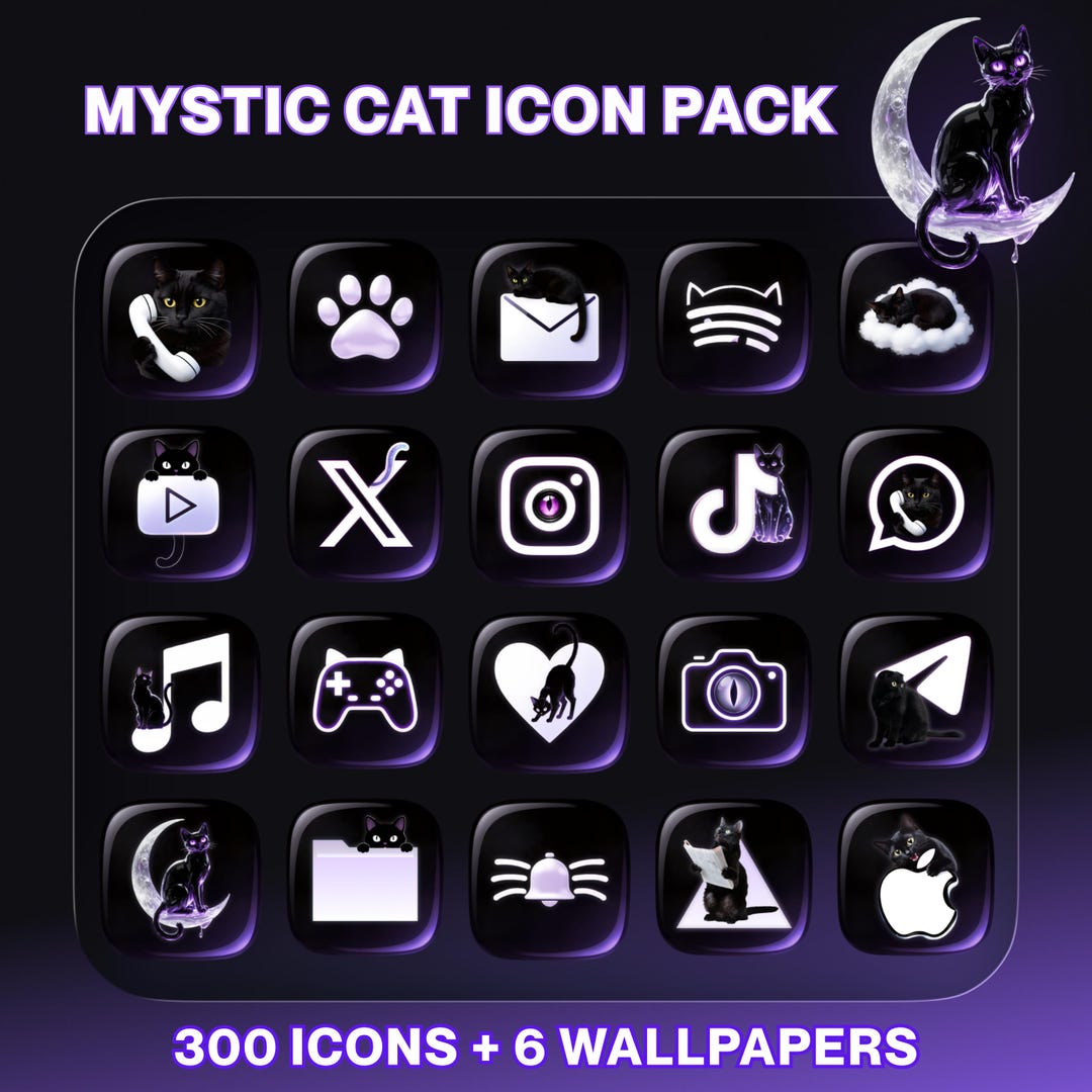 300 Black Cat App Icons + Wallpaper Kit | Custom Design Icon Pack (ios ...