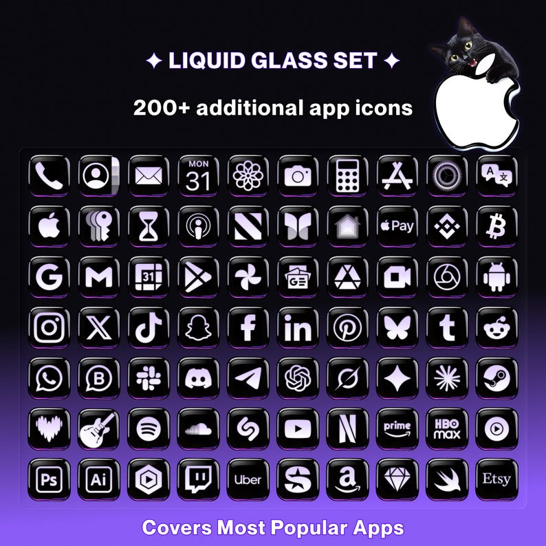 300 Gothic Cat App Icons | Black Liquid Glass Theme (ios/android ...