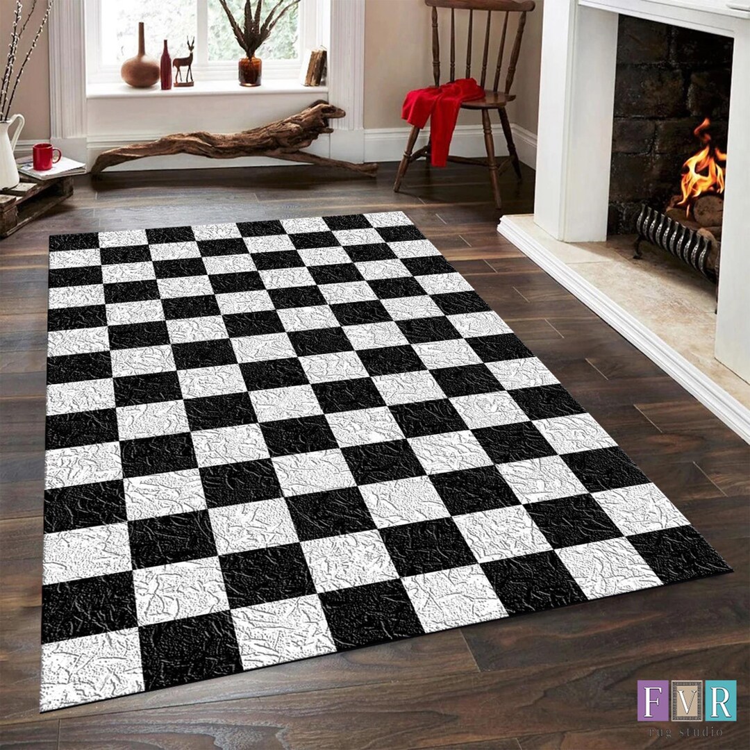 Checkered Area Rug: Black & White Checks Pattern, Soft Velvet - Etsy