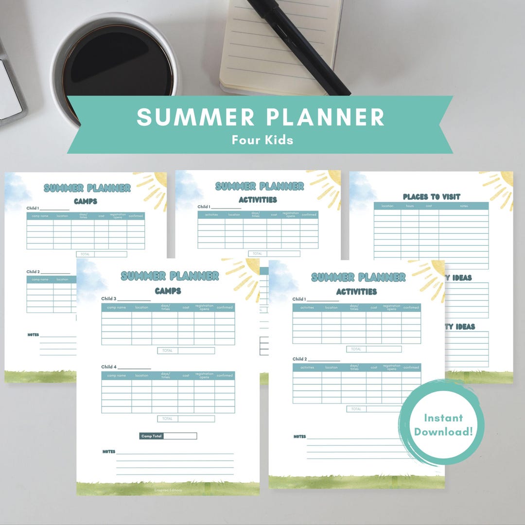 Printable Summer Planner for 4 Kids, Kids Summer Activity Planner ...