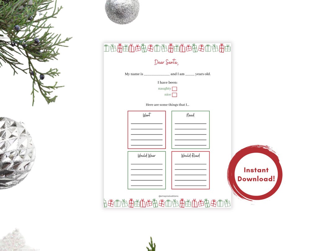 Dear Santa Wish List for Kids Printable, Instant Download - Etsy