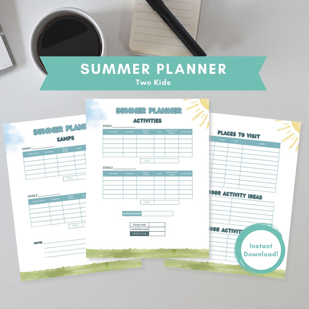 Printable Summer Planner for 2 Kids, Kids Summer Activity Planner ...