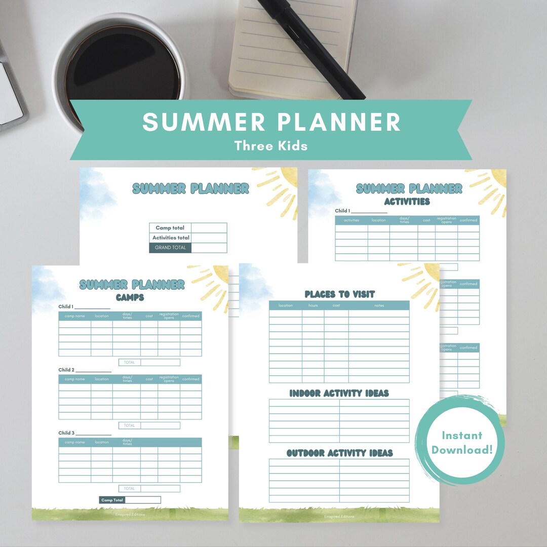 Printable Summer Planner for 3 Kids, Kids Summer Activity Planner ...