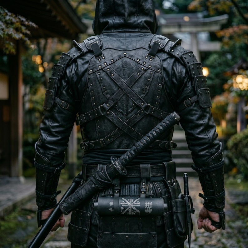 Black Leather Samurai Ninja Hooded Armor: Medieval LARP Assassin Knight ...