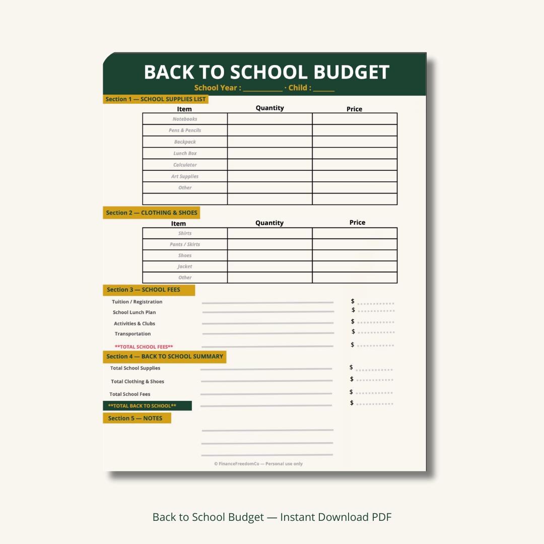Back to School Budget Printable | School Supplies Expense Tracker ...