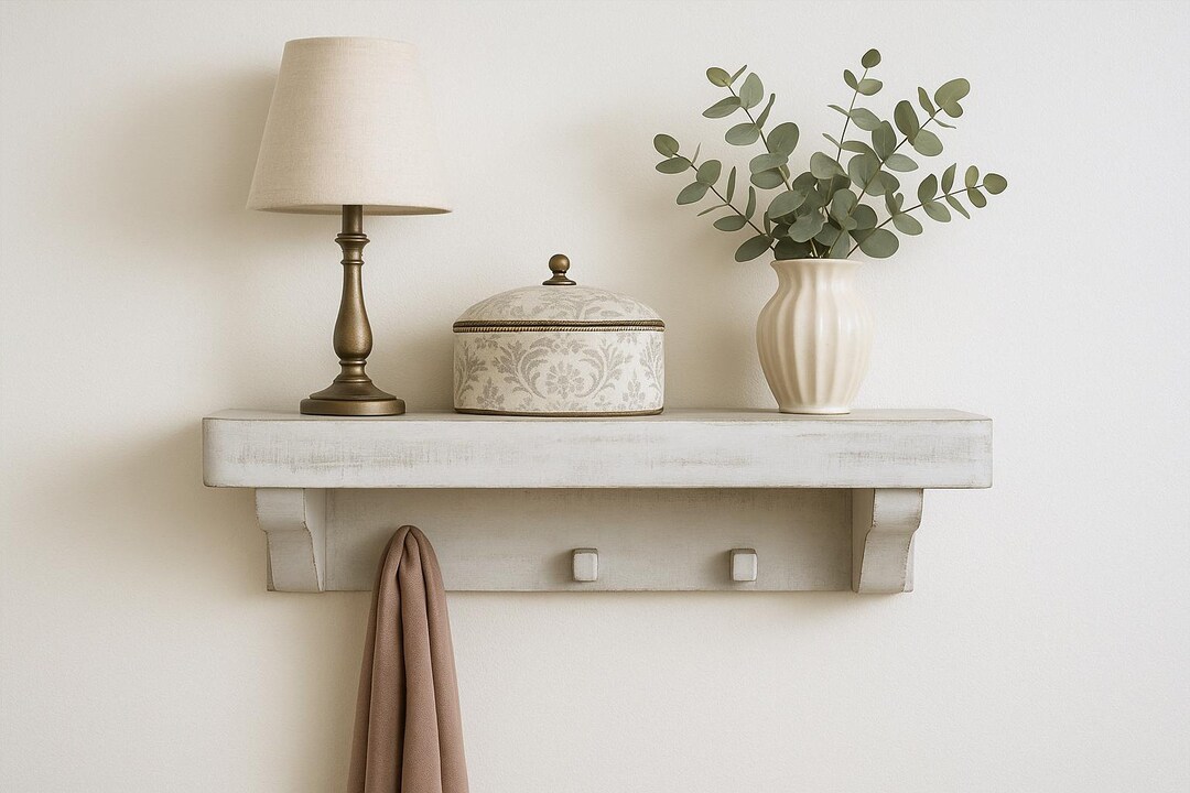 Rustic White Rough-cut Wall Shelf With Pegs & French Cleat, Handmade ...