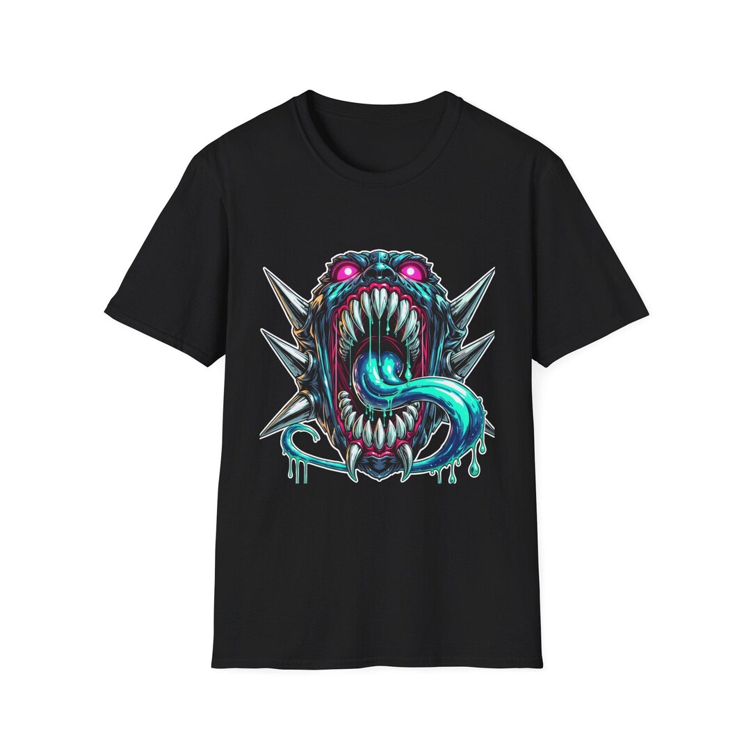 Spiky Monster Mouth T-shirt | Neon Toothy Creature, Dripping Tongue - Etsy