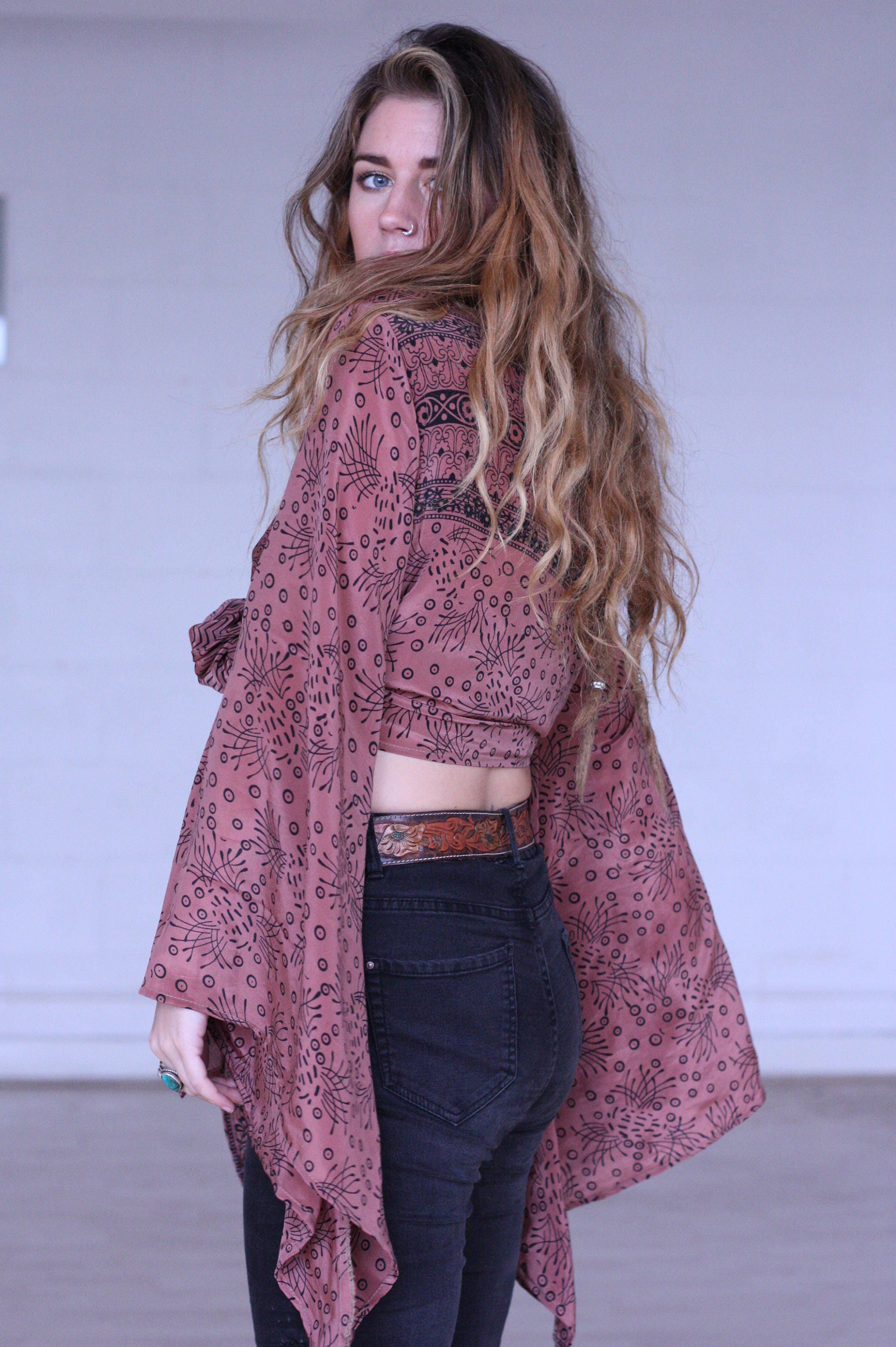 DUSTY PINK CROP - Bell sleeve top - Tie Top - Vintage - Festival Top ...