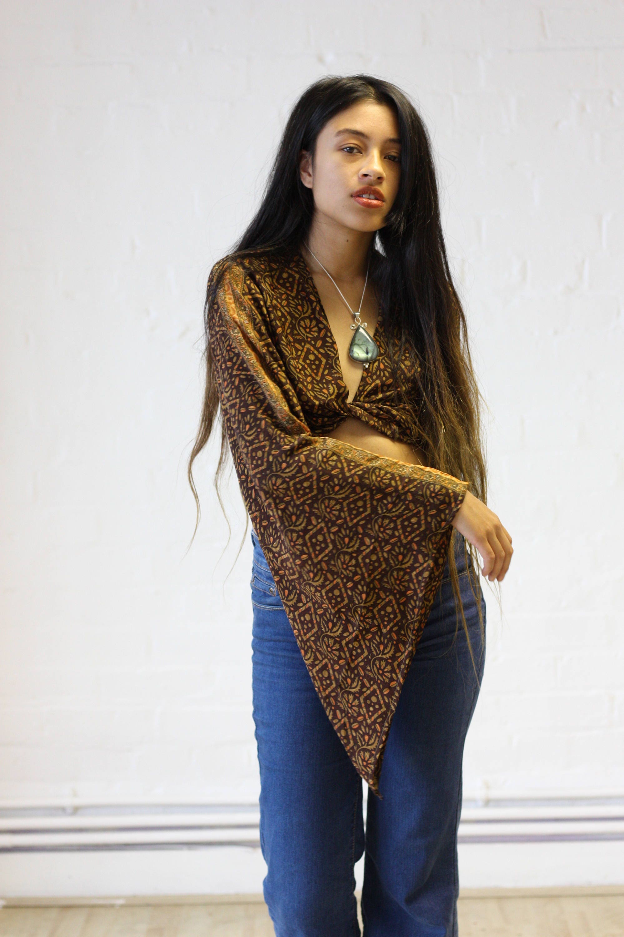 AUTUMN CROP TOP - Bell sleeve crop top- Silk Tie Top- Vintage- Festival ...