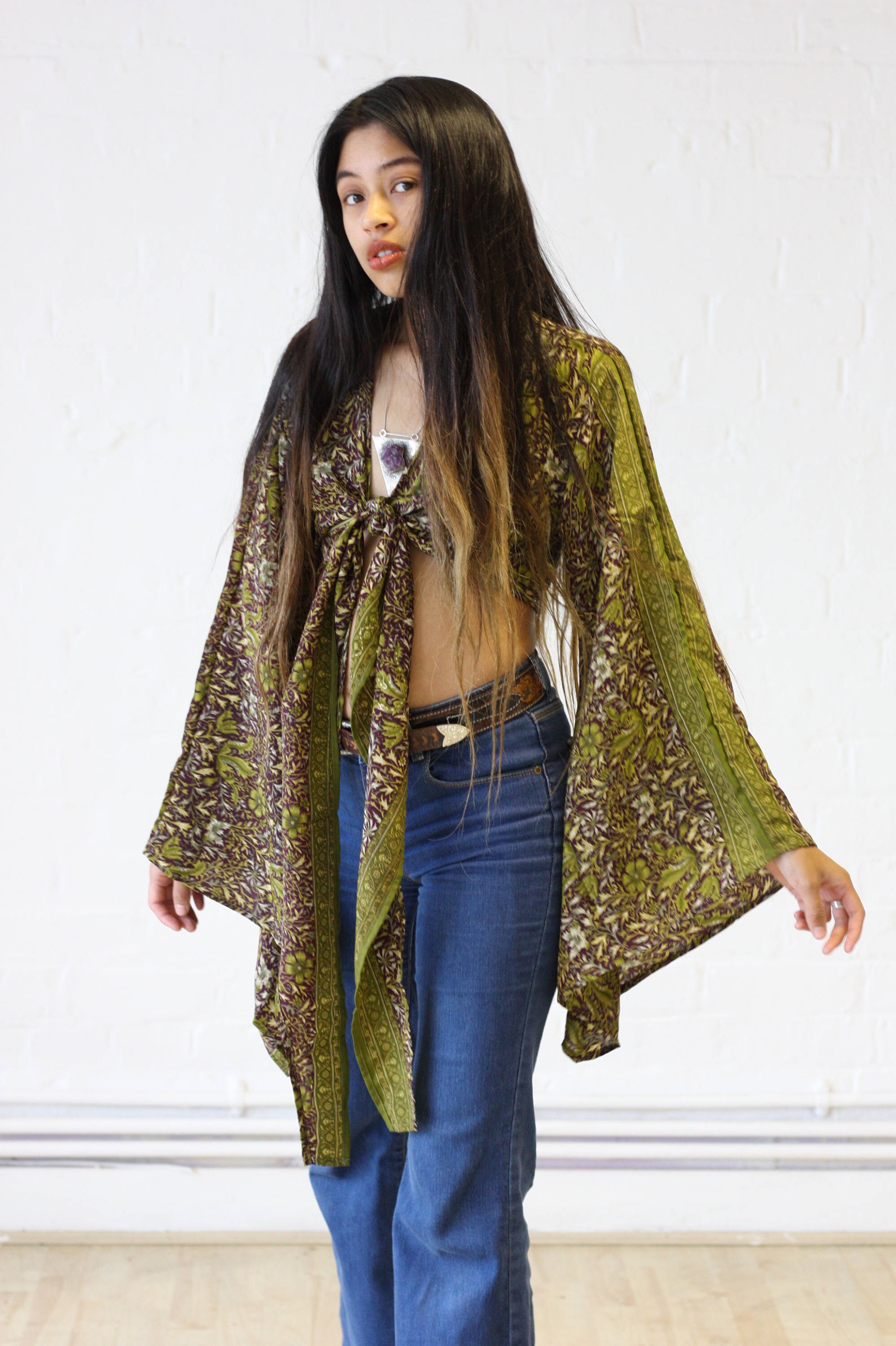 AUTUMN CROP TOP - Bell sleeve crop top- Silk Tie Top- Vintage- Festival ...