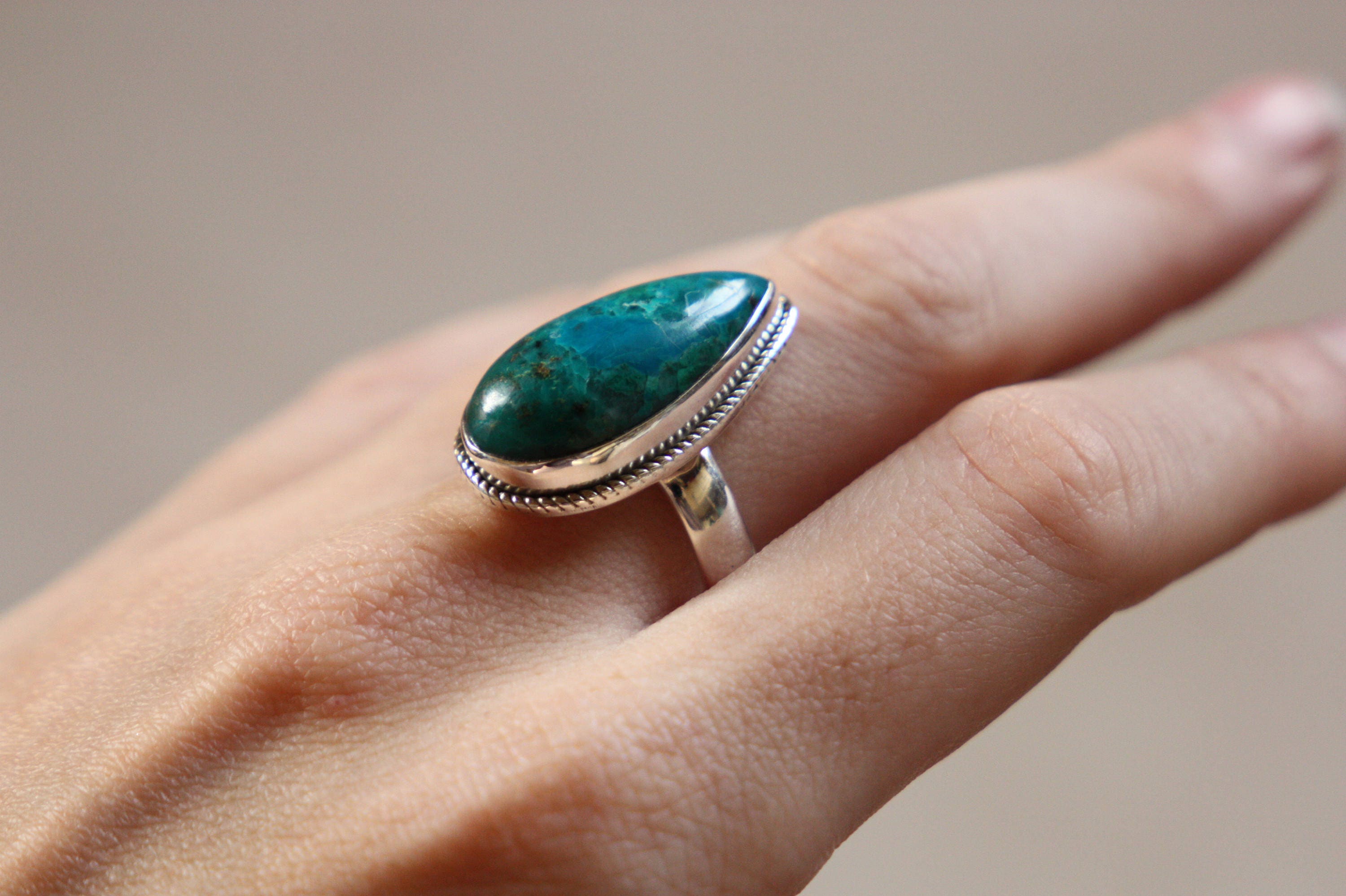 CHRYSOCOLLA CRYSTAL RING - One size - Sterling silver ring - Turquoise ...