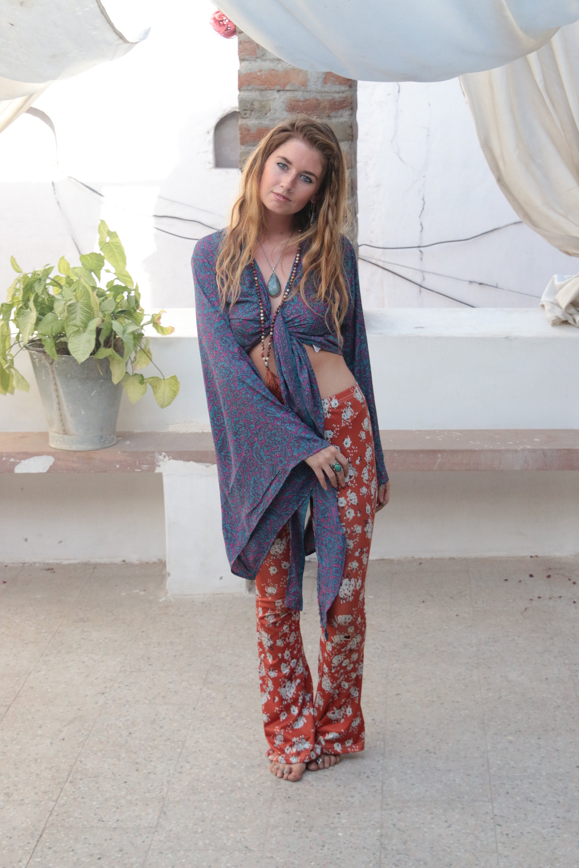 PURPLE FLORAL CROP - Bell sleeve top - Silk Tie Top - Vintage ...