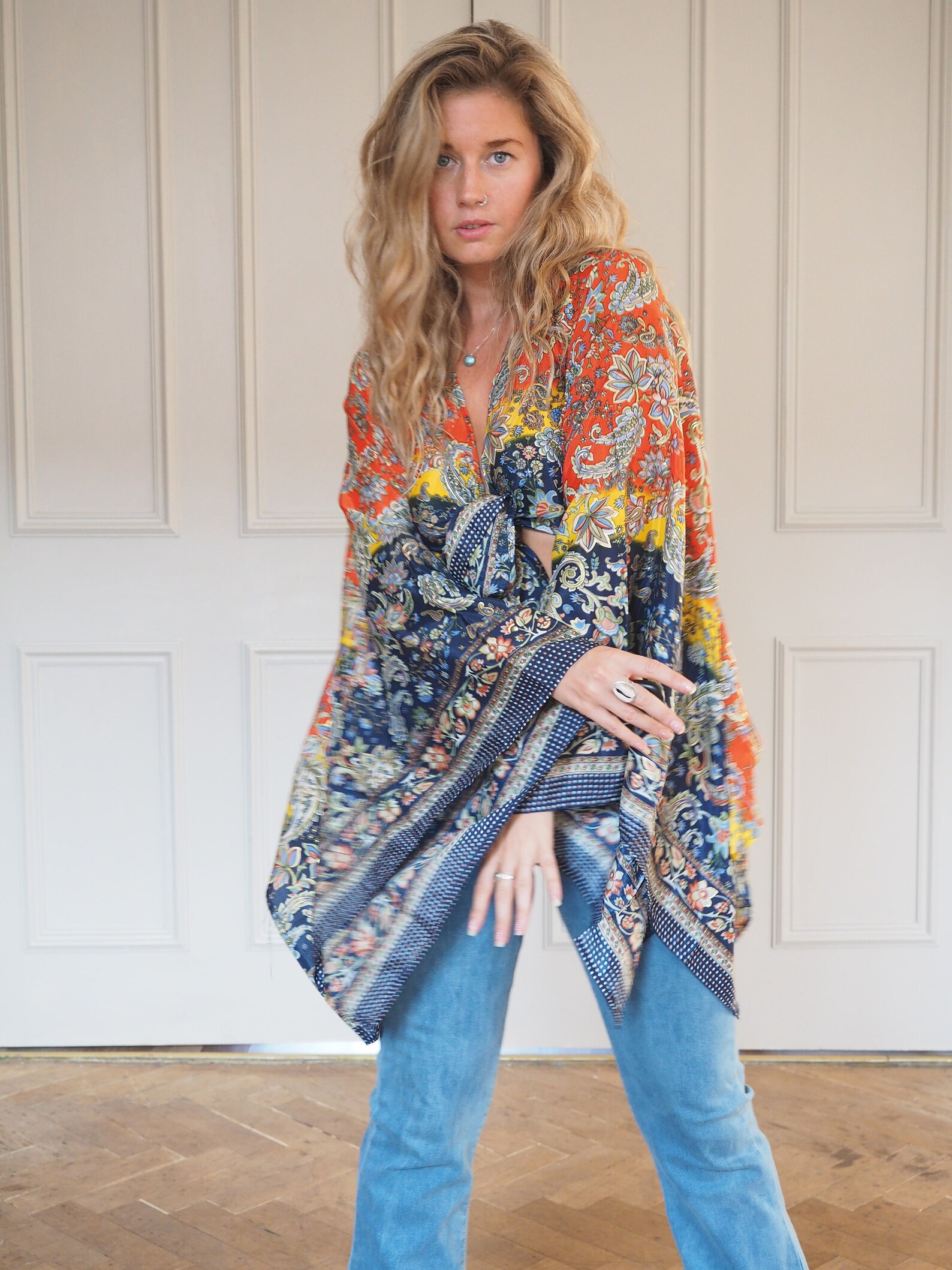 XL BELLA SLEEVE Crop Tie Top 70s Bell Batwing Hippie Boho Chic Reworked ...
