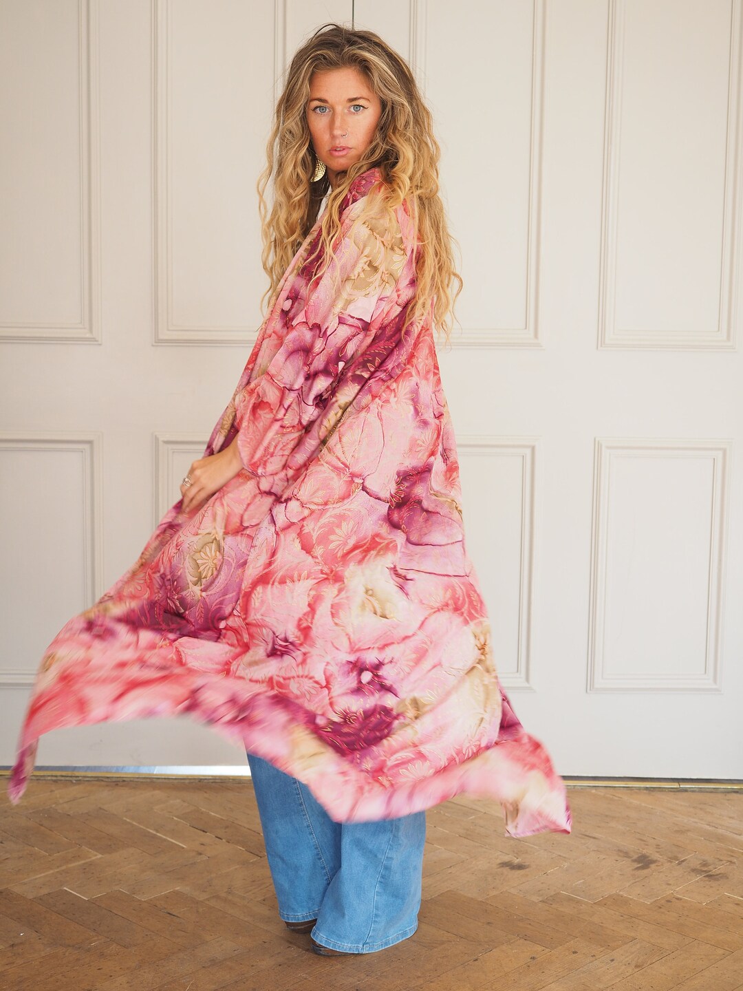 PINK SHIMMER KIMONO - Oriental Jacket - Beach Cover up - Floaty Kaftan - Vintage Dressing Gown ...