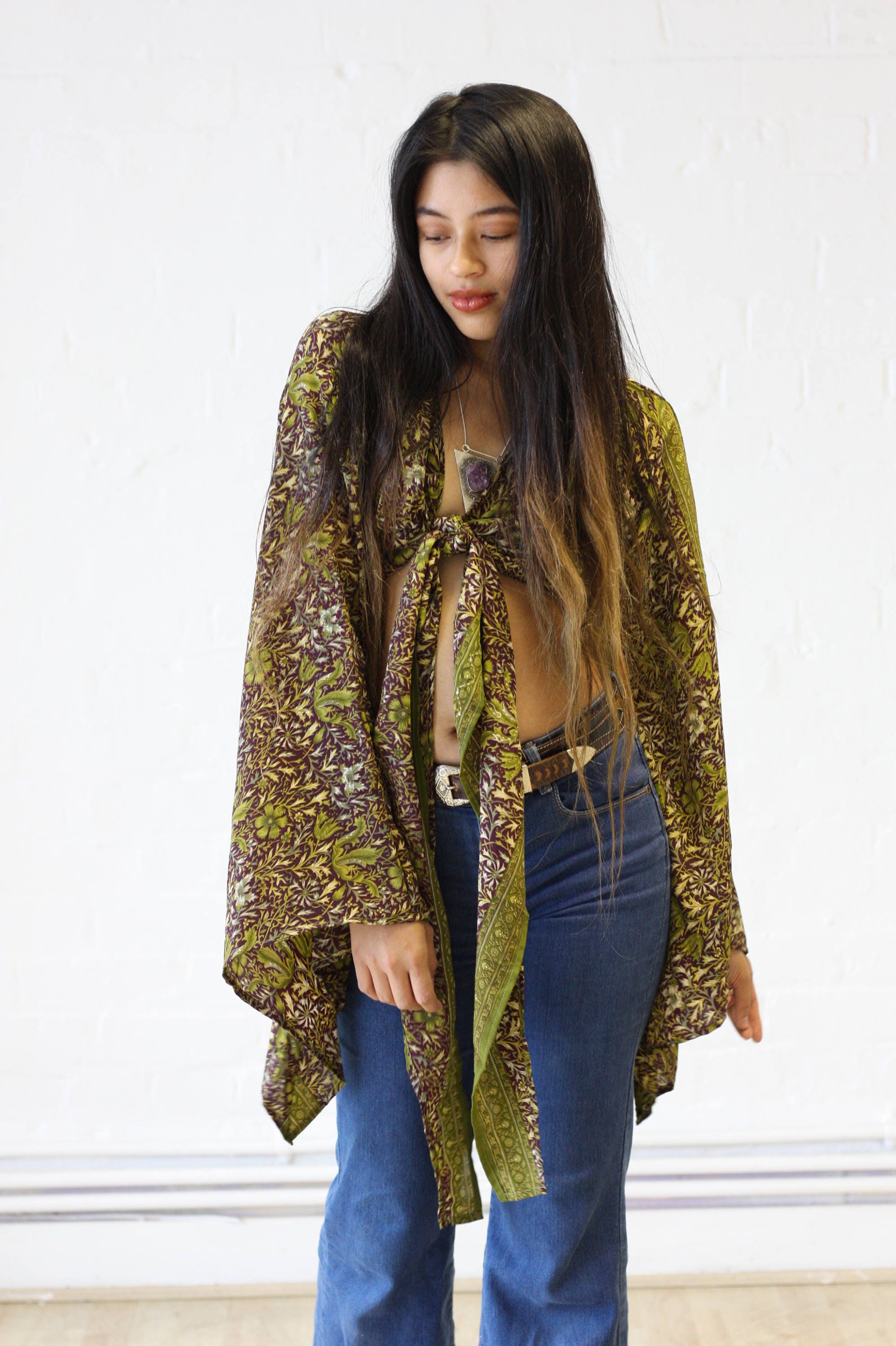 AUTUMN CROP TOP - Bell sleeve crop top- Silk Tie Top- Vintage- Festival ...