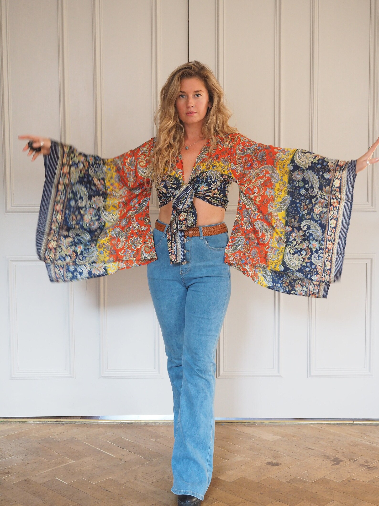 XL BELLA SLEEVE Crop Tie Top 70s Bell Batwing Hippie Boho Chic Reworked ...