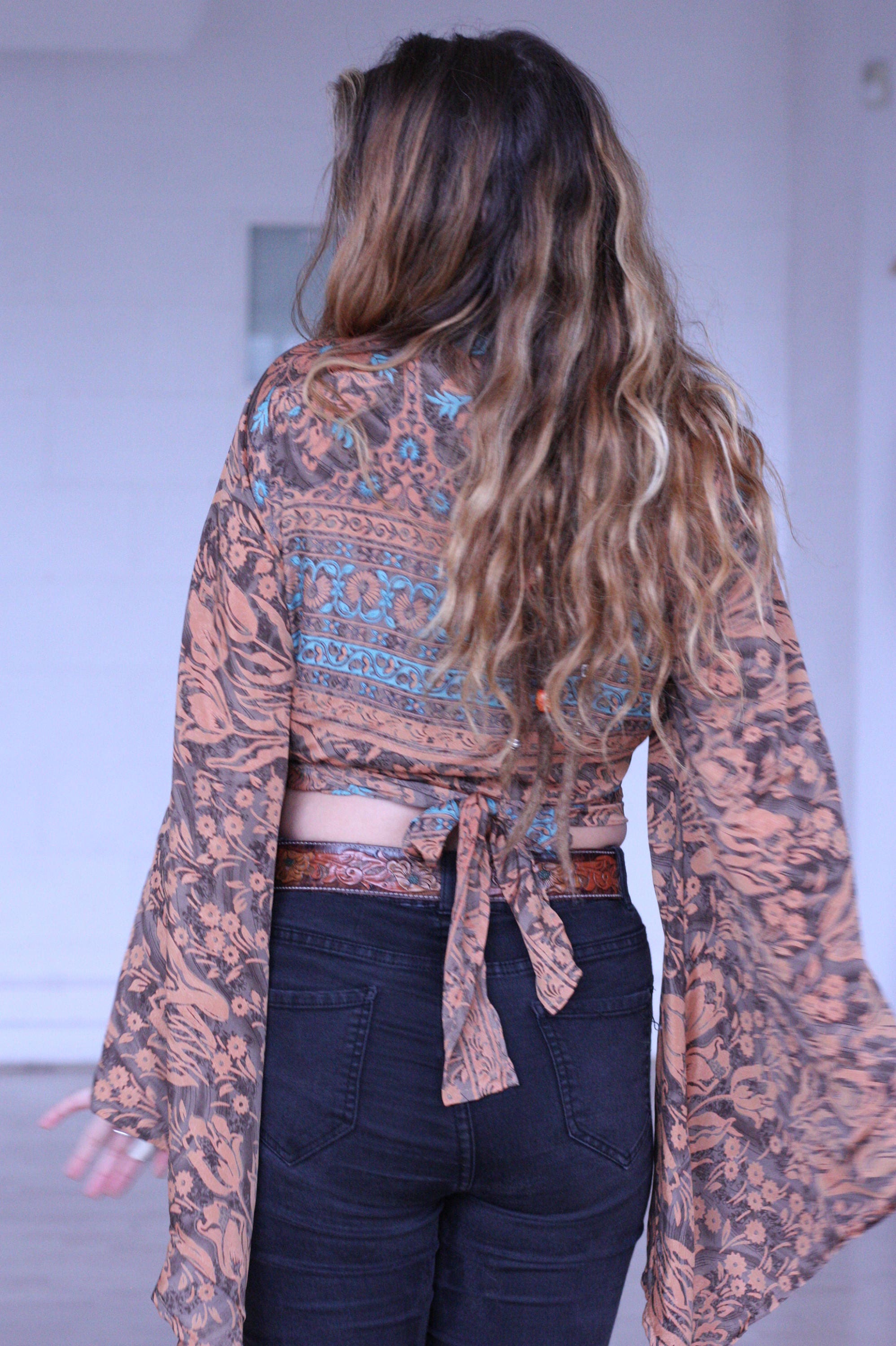 FLORAL CROP TOP - Bell sleeve crop top - Silk Tie Top - Vintage ...