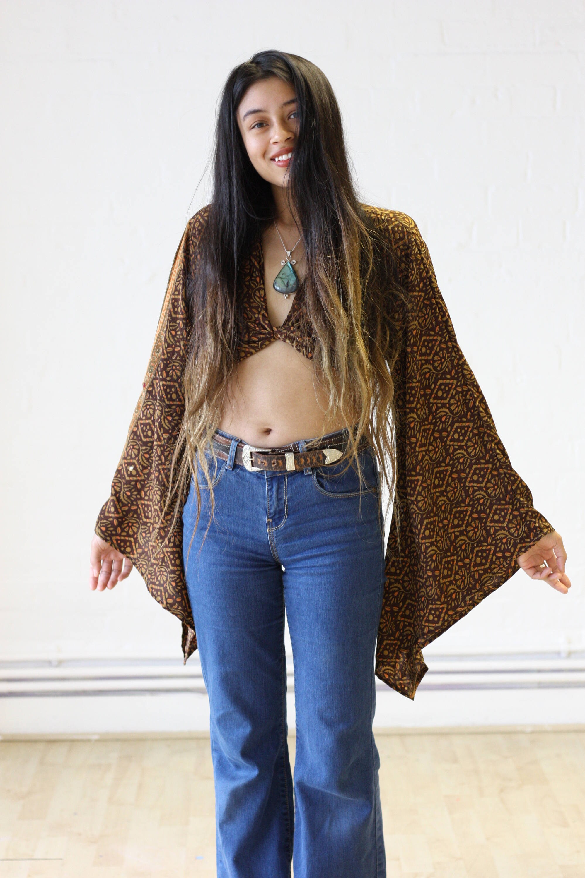 AUTUMN CROP TOP - Bell sleeve crop top- Silk Tie Top- Vintage- Festival ...