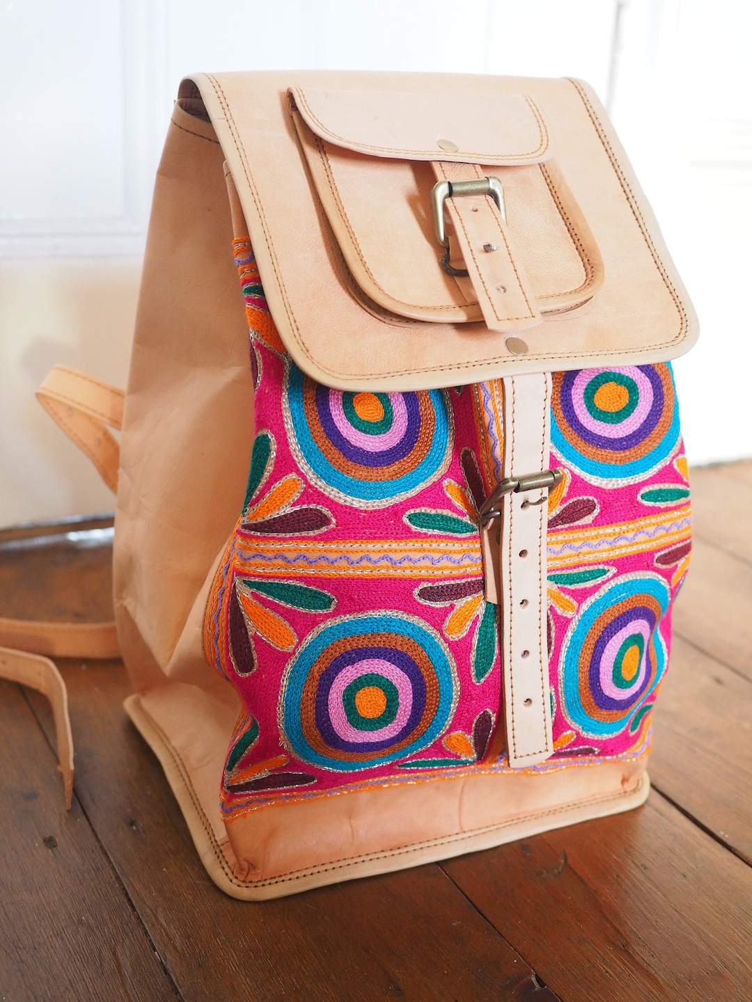 VINTAGE LEATHER BACKPACK - Embroidered Ethnic Bag - Hippie Rucksack ...