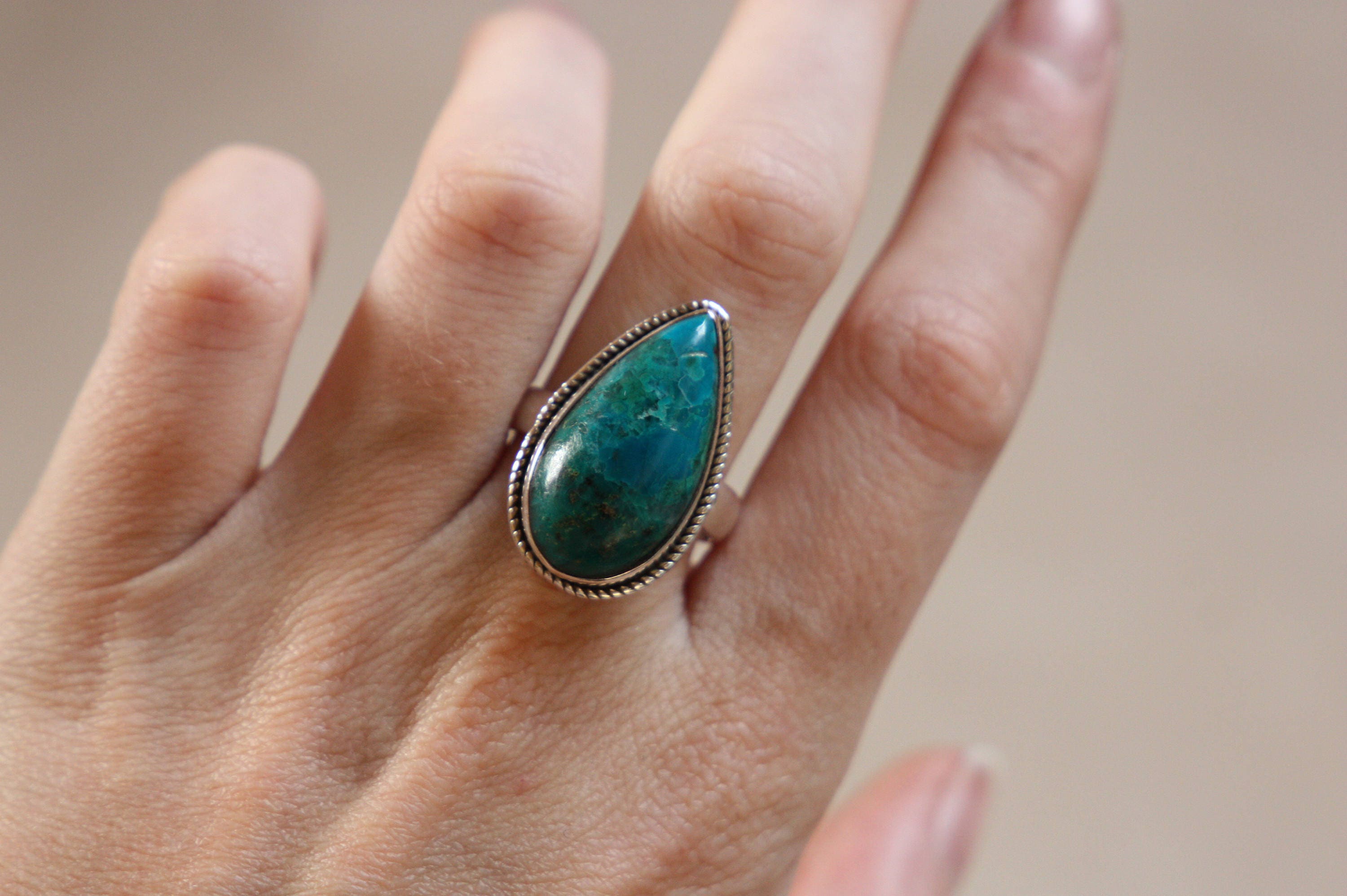 CHRYSOCOLLA CRYSTAL RING - One size - Sterling silver ring - Turquoise ...