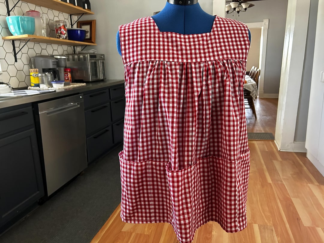 2X XXL Smock Cobblers Apron Slip on Cover up Cotton Red Gingham Checks ...