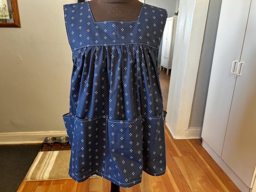 3X (22-24) Smock Cobblers Apron Slip on Cover up Navy Blue Handcrafted ...