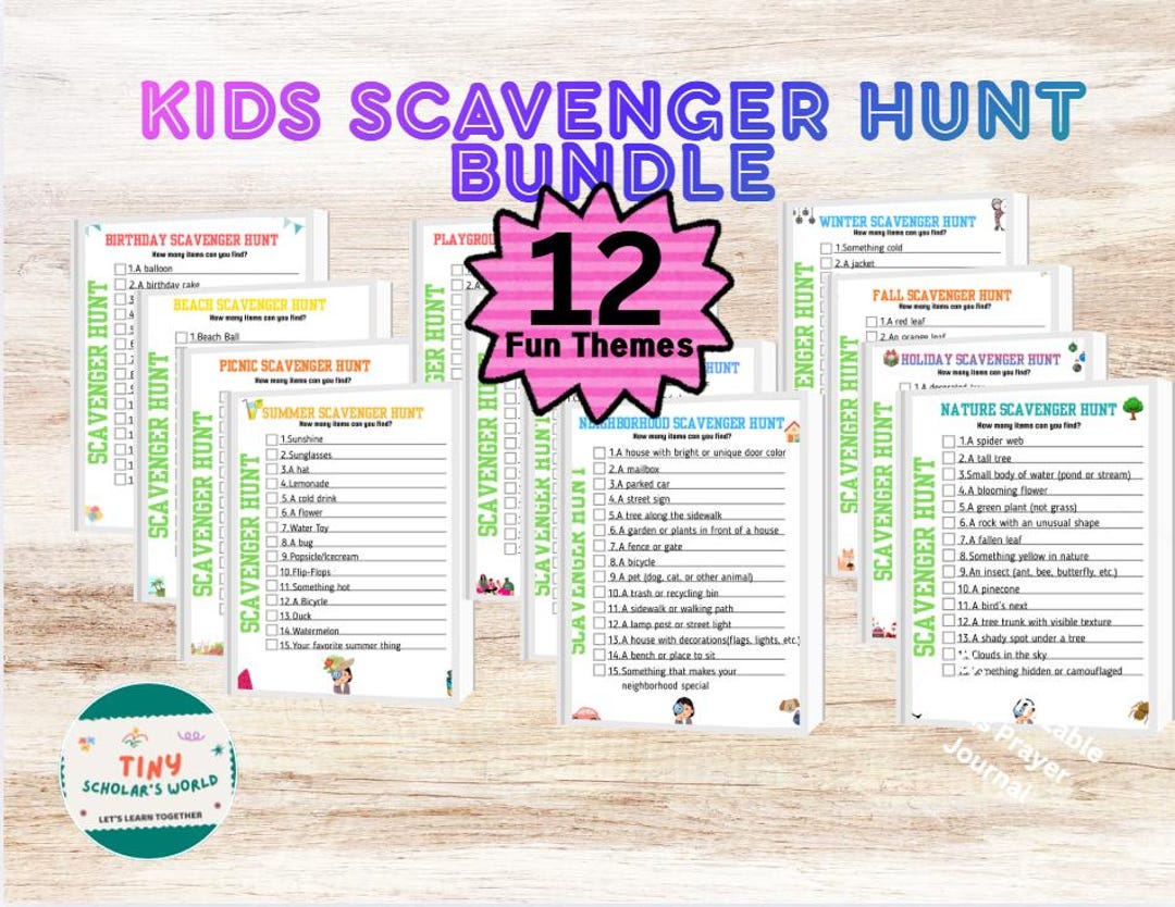 Kids Scavenger Hunt Bundle | 12 Themed Activity Sheets (digital ...