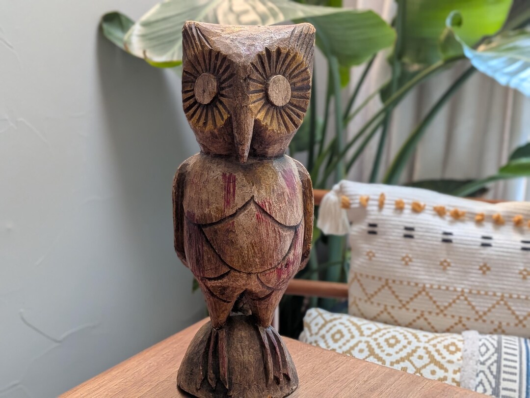 Large Vintage Carved Wooden Owl Statue - Etsy