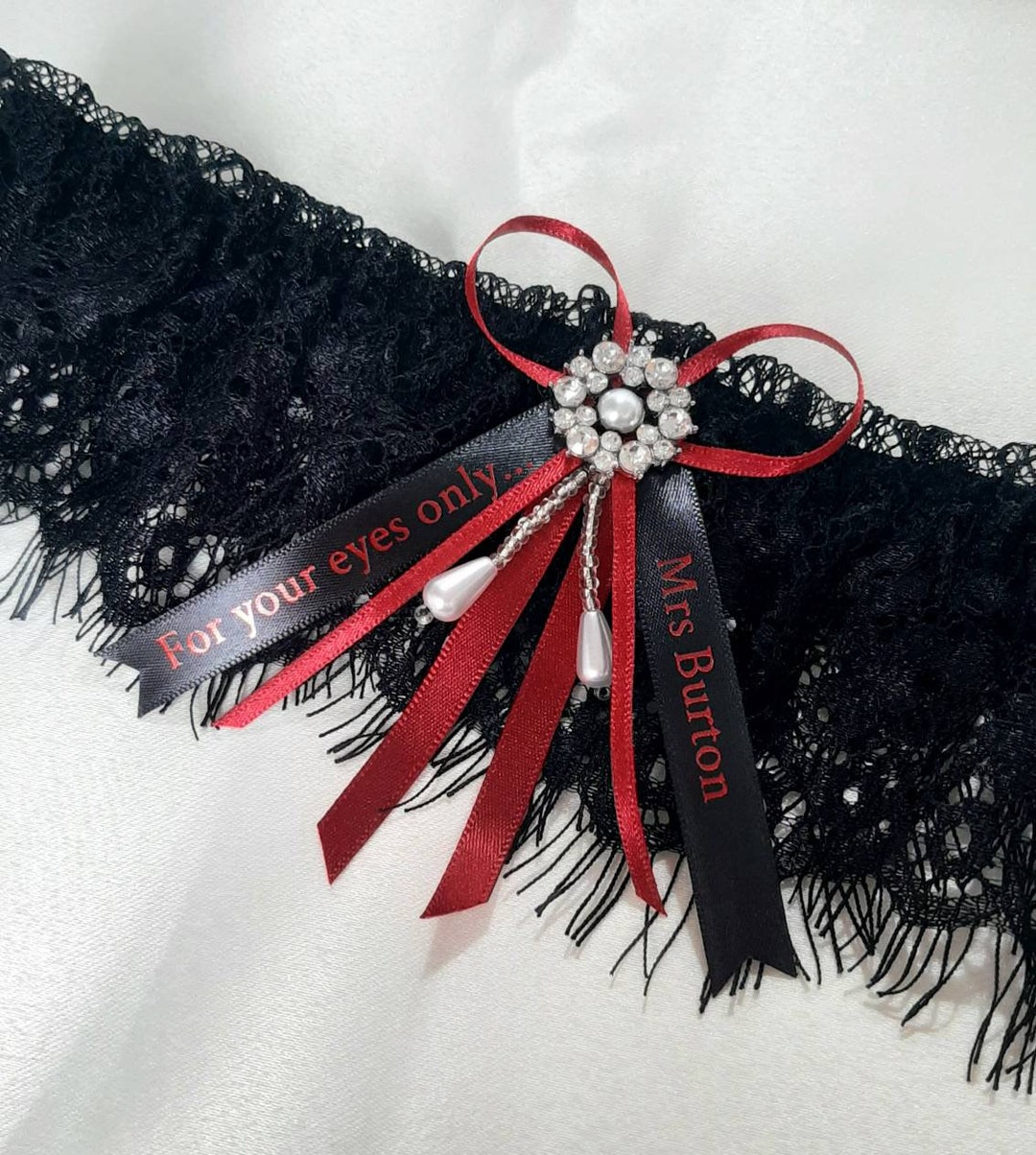 BLACK Personalised Wedding Garter With Red Ribbons, Gift Boxed Bridal ...
