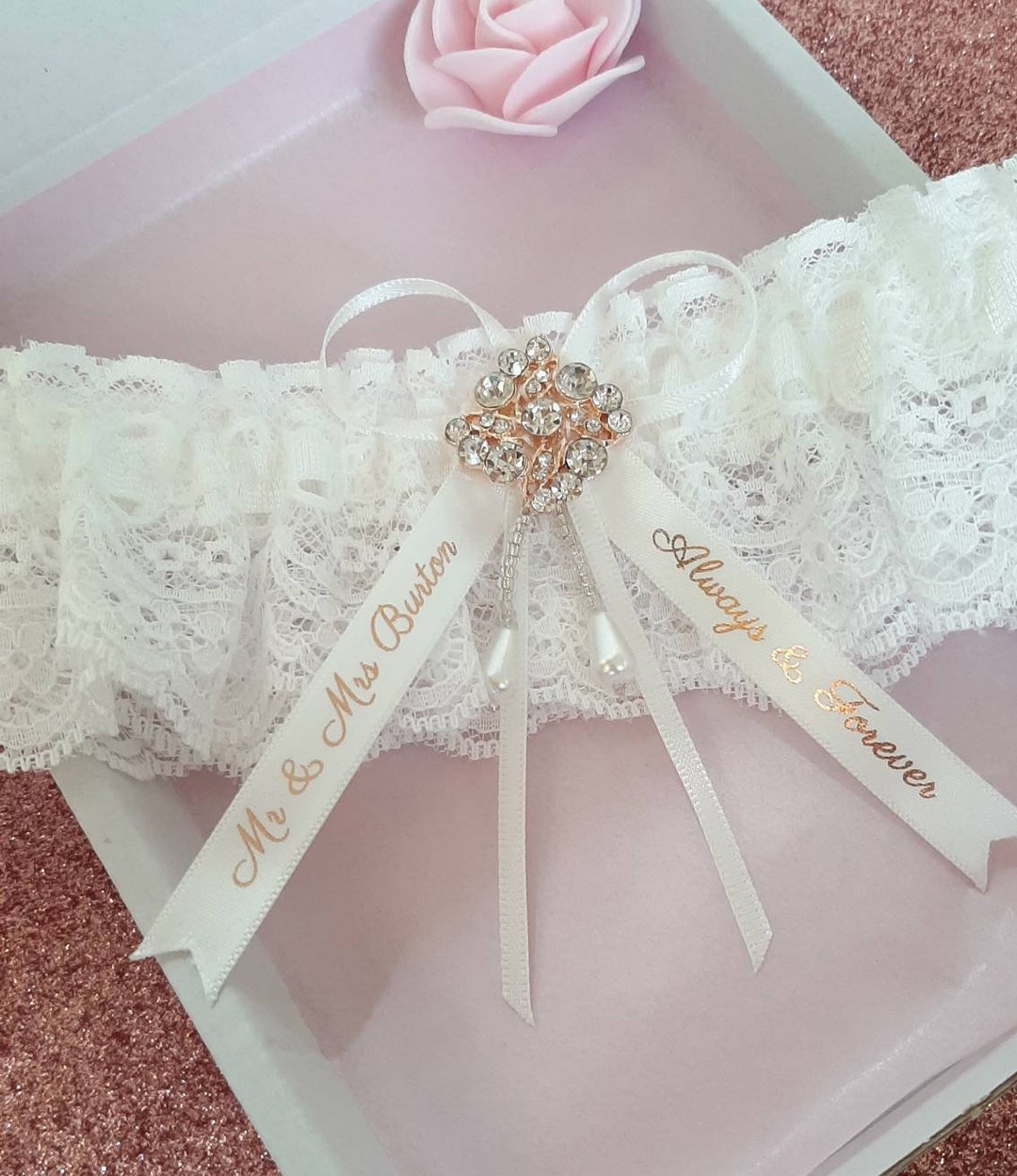 Luxury Wedding Garter Rose Gold, Personalised Bridal Garter With Name ...