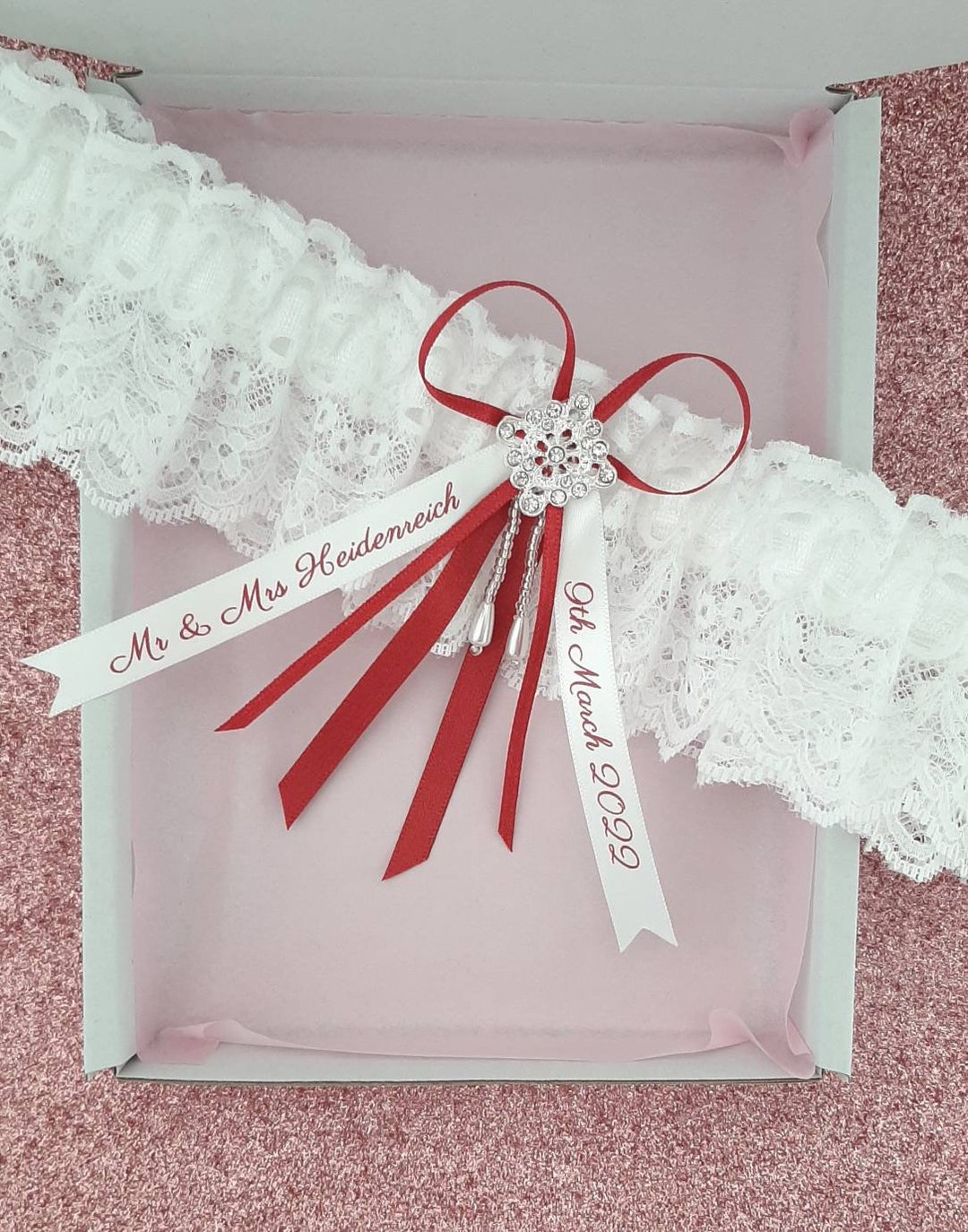 RED Personalised Wedding Garter With Rhinestone Centre, Dark Red Bridal ...