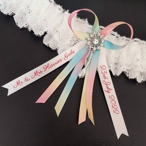 Rainbow Multicoloured Garter With Personalised Ribbons, Slim Bridal ...