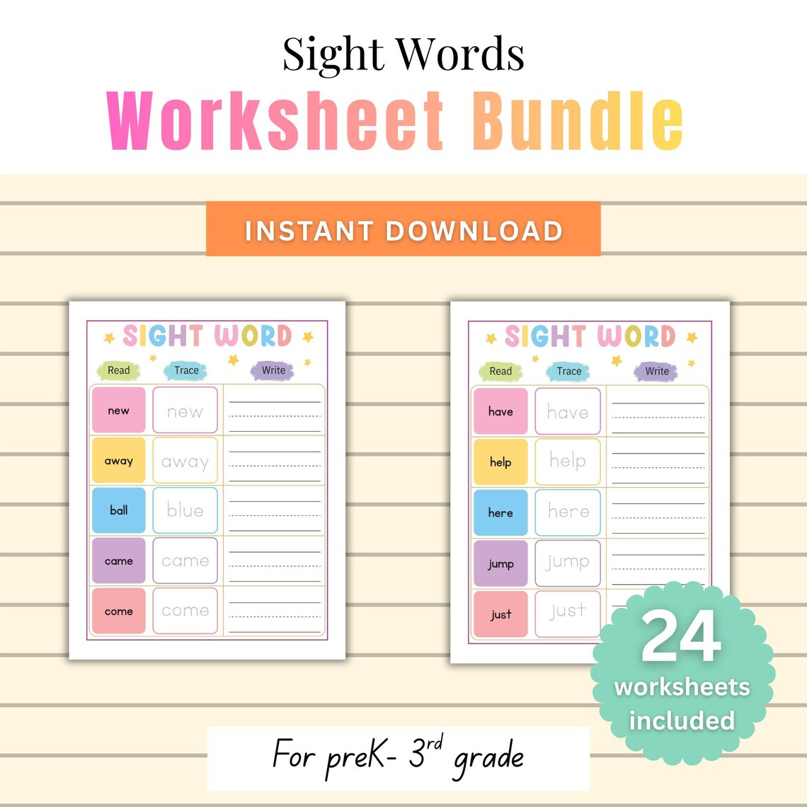Sight Word Worksheet Bundle Printable - Etsy