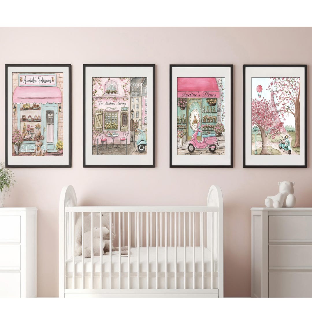 French Nursery Art for Little Girls Room, Set of 4 Pastel Baby Name ...