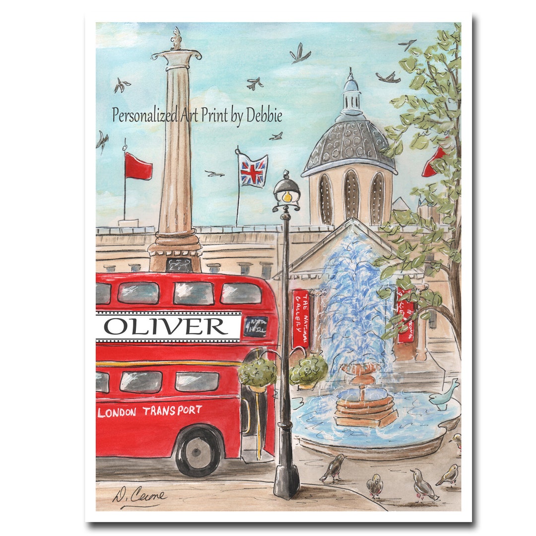 Red London Bus, Personalized Print, Travel Theme Nursery Wall Art ...