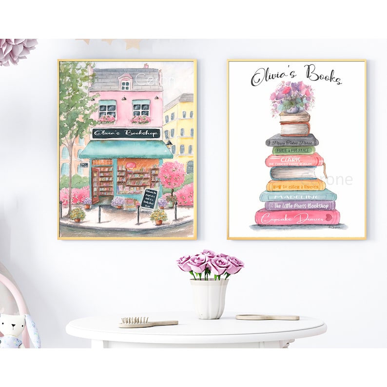 Set of 2 PERSONALIZED Book Store Art Prints, Girl Book Art, Unique Gift ...