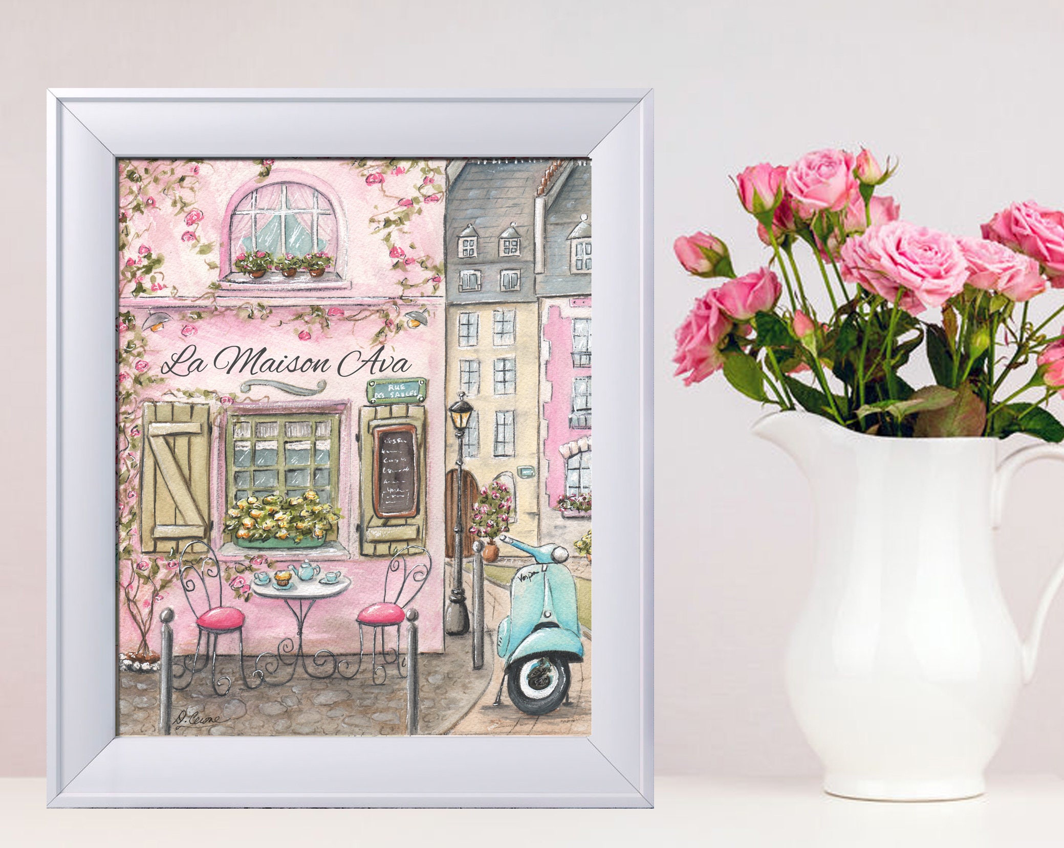 French Cafe Watercolor Personalized, Paris Bedroom Decor, Parisian ...