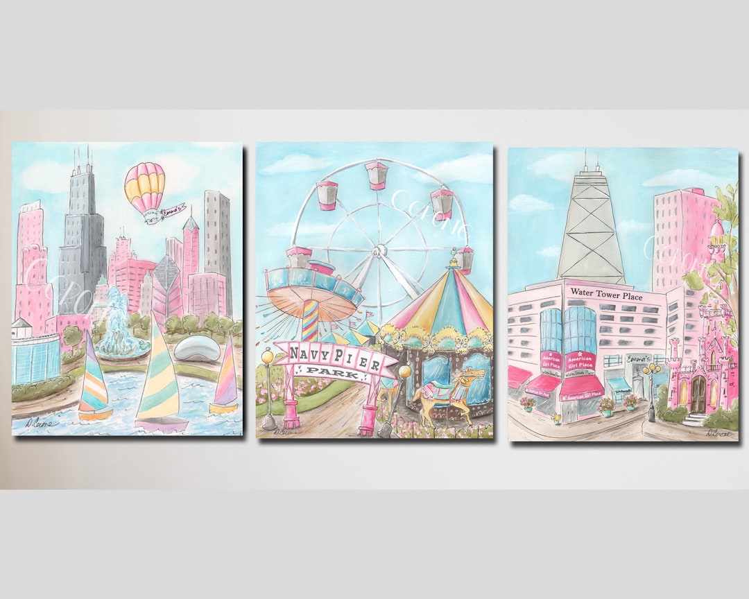 Personalized Chicago Themed Wrapped Canvas, Set of 3, Girls Name ...