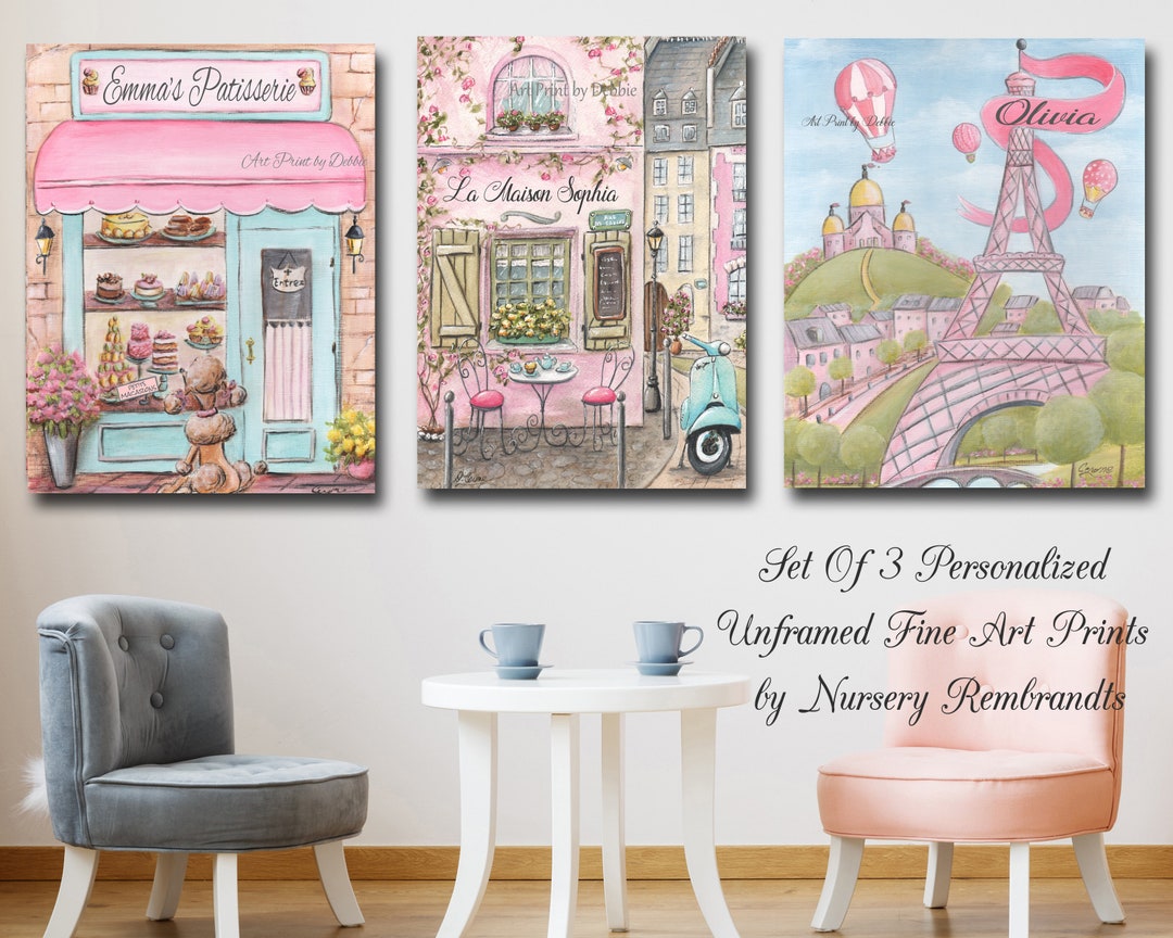 Personalized Paris Bedroom Decor, Set of 3 Unframed Prints, Pink Paris ...