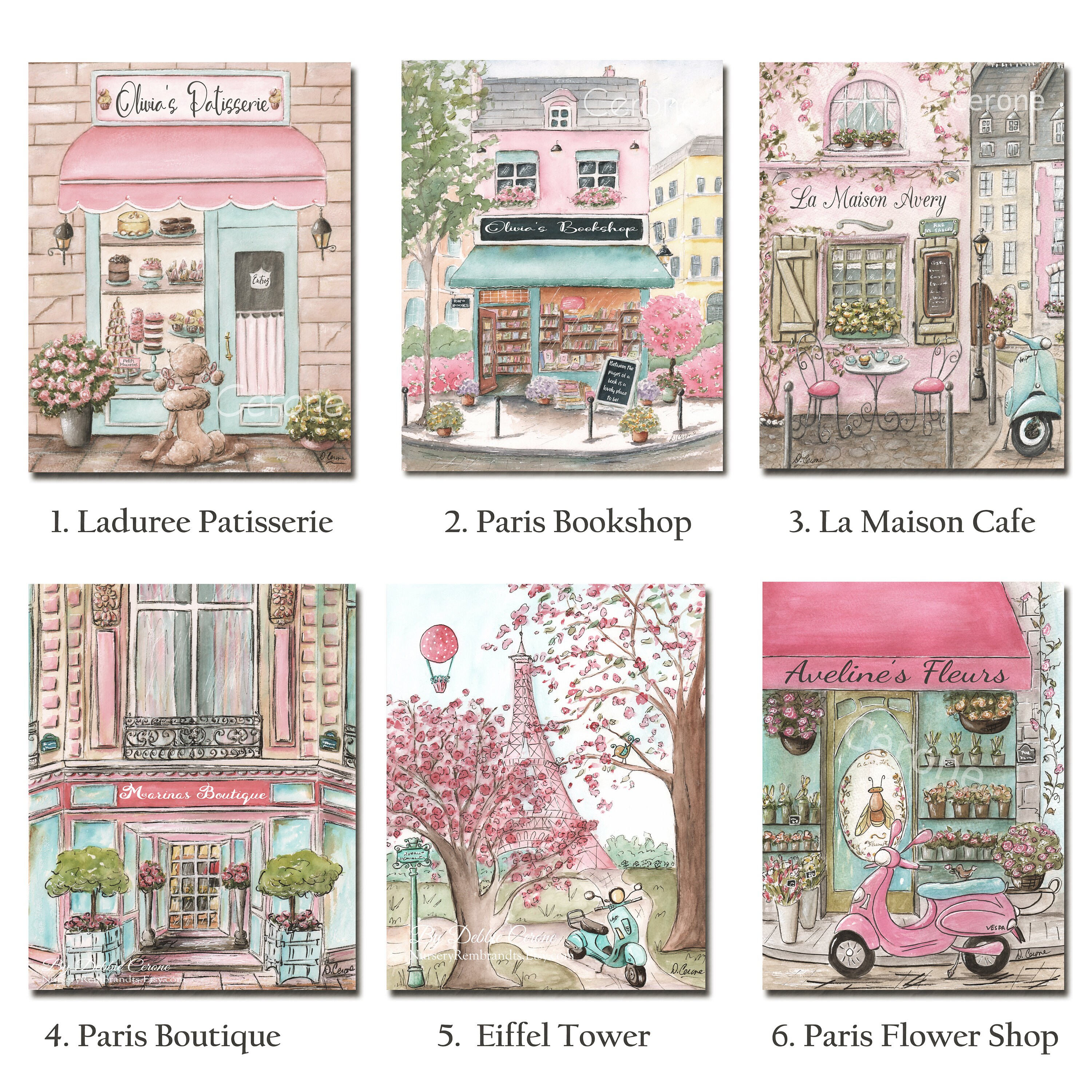 CHOOSE ANY 4 Personalized Paris Watercolor Prints for Girls Room, Gift ...