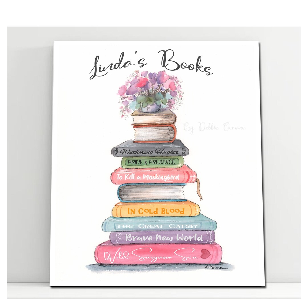 Book Stack Print Personalized, Flowers and Books, Reading Corner Wall ...