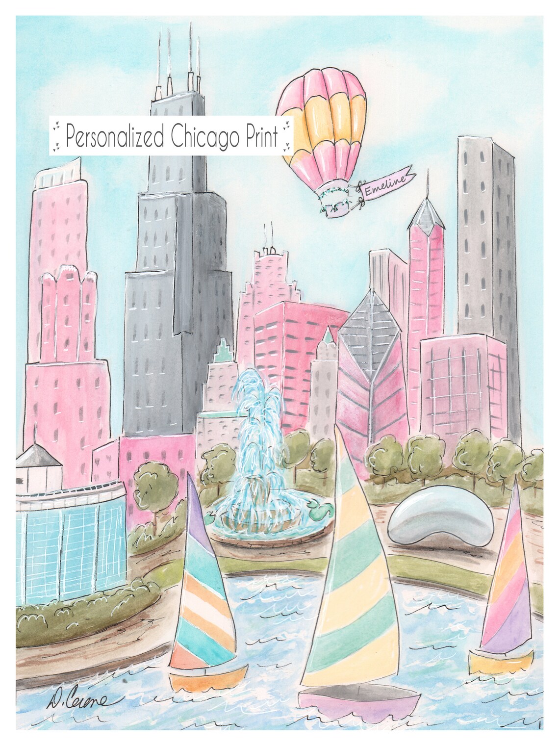 Pink Chicago City Art Prints Chicago Watercolor Travel | Etsy