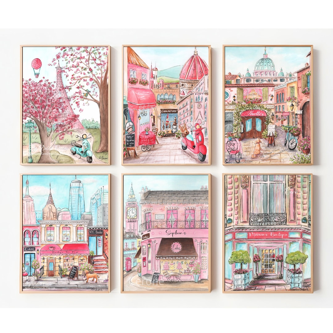 Personalized Girl Room Art Prints, Set of 6 Custom Baby Name Cute Blush ...