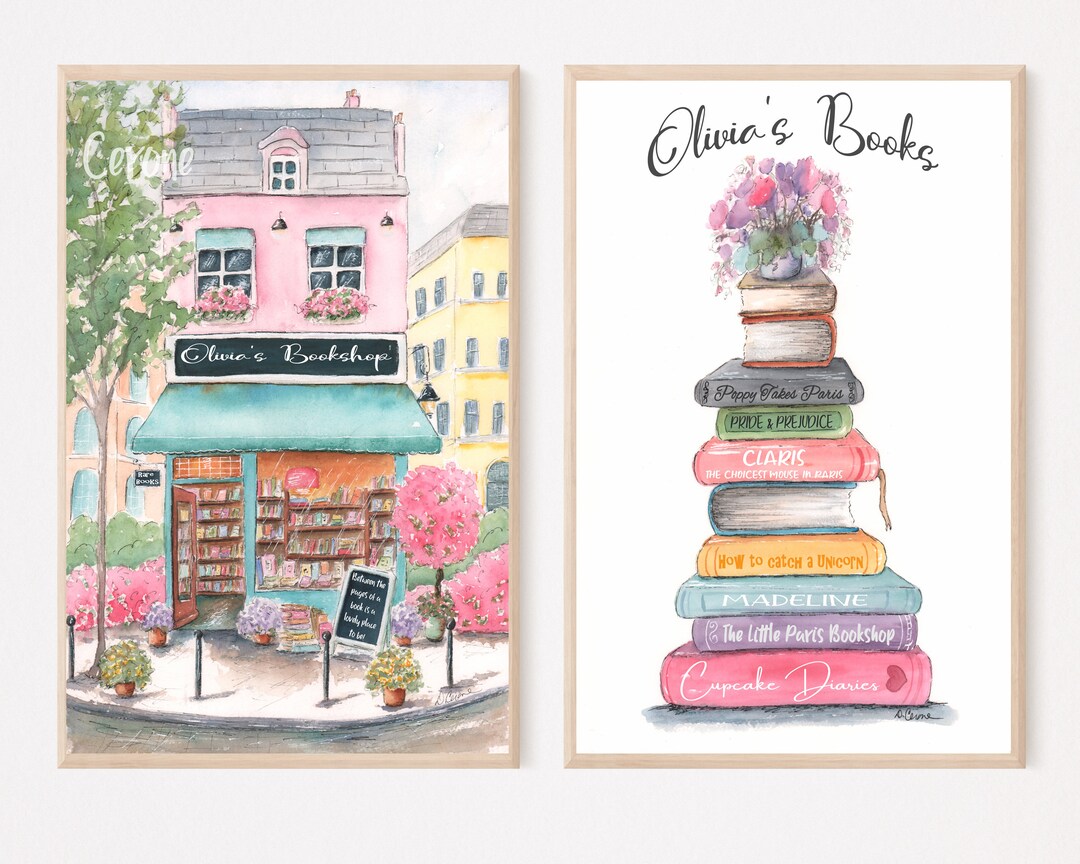 Set of 2 PERSONALIZED Book Store Art Prints Girl Book Art - Etsy