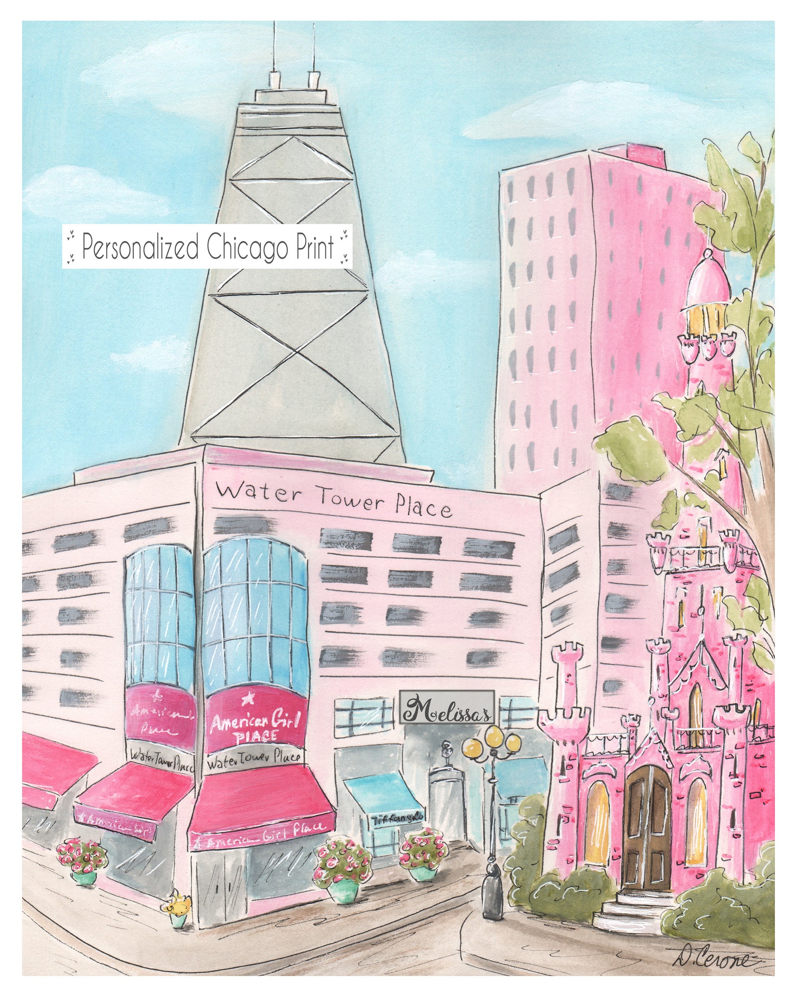 Pink Chicago City Art Prints Chicago Watercolor Travel | Etsy